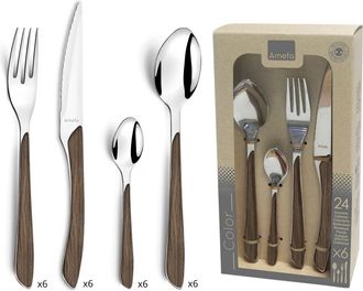 Amefa ECLAT Besteck Set NATURE dunkles Holz Essbesteck 24-teilig f&uuml;r 6 Personen Edelstahl rostfrei Kunststoff-Griffschalen in Holzoptik sp&uuml;lmaschinenfest Be