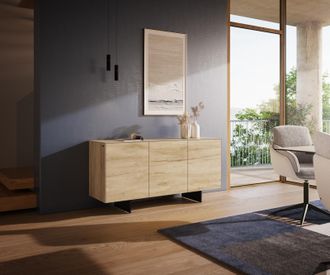 DELIFE Sideboard Cuor 150 cm Keramik Laminam Sabbia Eichefarbig 3 T&uuml;ren Fu&szlig; Schwebeoptik Metall Schwarz, Sideboards