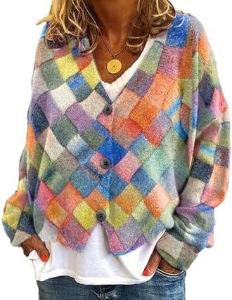 Onsoyours Gilets en Tricot Imprimé Femme Veste Courte Casual Cardigan Coupe Ample À Manches Longues Gilet Chaud avec Boutons Sweater Manteau Outwear Haut Top Ch