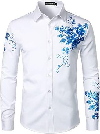 PARKLEES Chemise boutonnée à manches longues style hipster brodée pour homme, Zzcl63 - Blanc Royal, XXL