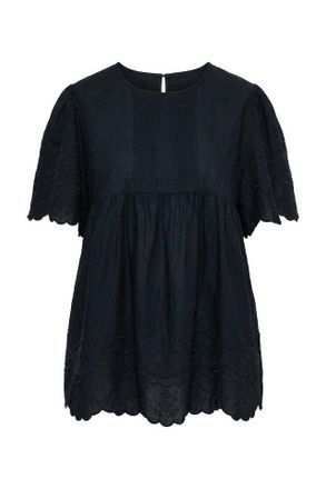 Ulla Popken Druckbluse Blusenshirt Stickerei Biesen A-Linie Rundhals