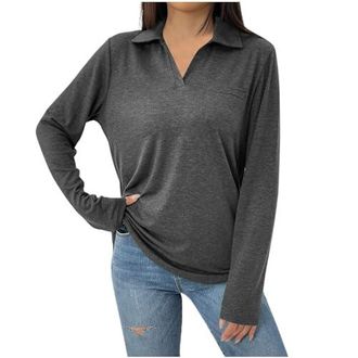 Generic Polo &agrave; Manches Longues Femme Col en V, Tee Shirt Sport Grande Taille-Tunique Chic Et &eacute;L&eacute;Gant Casual Classique Coupe Ample Chemise Quotidien pour Le Bu
