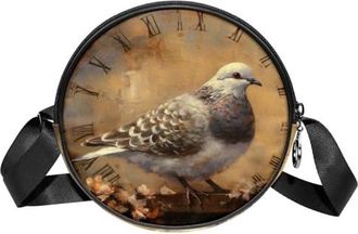 Generic Petit sac &agrave; bandouli&egrave;re rond pour femme, motif pigeon, vintage, avec fermeture &eacute;clair, bretelles r&eacute;glables, sac &agrave; main rond d&eacute;contract&eacute; pour femmes et