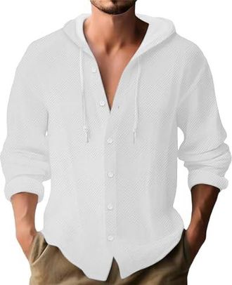 Generic T-shirt &agrave; manches longues pour homme - Chemise de loisirs boutonn&eacute;e - Chemise &agrave; capuche Jacquard - Chemise &agrave; manches longues - Doux et l&eacute;ger - Cordon 
