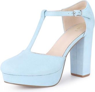 Allegra K Escarpins &agrave; talons hauts et plateforme &agrave; bout rond et sangle en T pour femme, bleu ciel, 40 EU