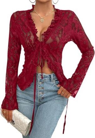 Onsoyours Haut Femme Dentelle Bluse Col en V Transparent Top Élégant Manches Longues Tunique Sexy Slim Fit Chemisier Ajusté Crop Tops Cordon Décontracté Tee Shi