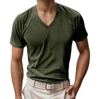 Generic T-shirt pour homme en velours c&ocirc;tel&eacute; avec col en V, manches courtes, ample et d&eacute;contract&eacute;, Vert arm&eacute;e., 3XL