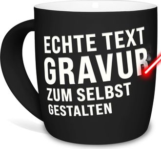 Tassendruck Tasse mit Gravur selbst gestalten - mit eigenem Spruch oder Wunschname gravieren - Keramiktasse au&szlig;en gummiert - Schwarz, 300 ml