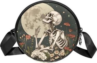 Generic Petit sac &agrave; bandouli&egrave;re rond pour femme, motif t&ecirc;te de mort, avec fermeture &eacute;clair, bretelles r&eacute;glables, style d&eacute;contract&eacute;, pour femmes et filles