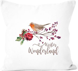 Autiga Kissenbezug Weihnachten Winterwonderland Vogel Rotkehlchen Blumen Misteln Christmas Bird wei&szlig; 40cm x 40cm