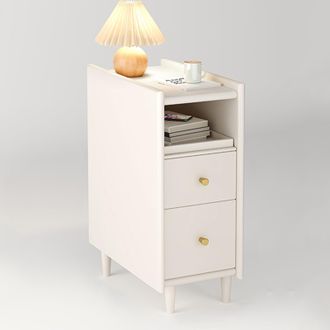 Generic Nachttisch Im Mid-Century-Modern-Stil Mit Beinen Aus Massivholz, Nachttisch Mit 2 Schubladen Und Offenem Regal for Schlafzimmer Und Wohnzimmer(White,2