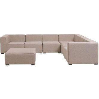 Beliani Lounge Set Beige Polsterbezug Modular 7-teilig Linksseitig Ecksofa mit Ottomane Outdoor u. Indoor f&uuml;r 7 Personen Garten Terrasse Wintergarten