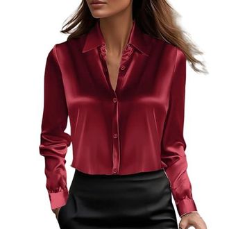 Generic Chemise boutonn&eacute;e en satin pour femme, col &agrave; revers &eacute;l&eacute;gant, col en V, toucher soyeux, coupe classique, haut de travail, tenue dentrevue, tenue formel