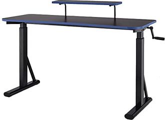 Amazon Basics Rechteckig Höhenverstellbarer Gaming Computertisch Schreibtisch mit erhöhter Monitorablage, 140 x 63.5 x 109-126 cm, Blau