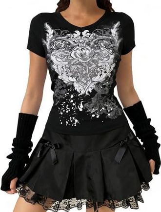 Generic Y2k Emo Grunge-Shirts T-shirt graphique vintage pour femme ann&eacute;es 2000 T-shirt &agrave; manches courtes punk gothique T-shirts adolescentes streetwear &eacute;t&eacute; T-