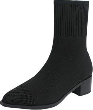 Generic Bottines courtes en tricot extensible pour femme - &Eacute;l&eacute;gantes - Couleur unie - Bout pointu - Respirantes - Talon &eacute;pais - Confortables - &Agrave; enfiler - Sty
