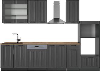 Vicco Küchenzeile Fame-Line, Dunkelgrau, 300 cm mit Hochschrank, AP Eiche