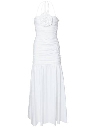 Carolina Herrera robe longue fronc&eacute;e &agrave; fleur appliqu&eacute;e - Blanc