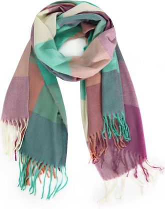 Glamexx24 Damen Winter Kariert Schal, Strickset Schal &uuml;bergro&szlig;er Quadratisch Deckenschal Halstuch Streifen Muster Fransen Ponch, Rosa-Mint-Lila