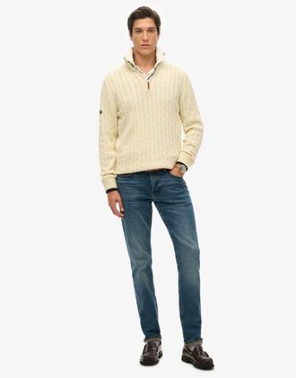 Superdry Pull classique en maille torsad&eacute;e de coton &agrave; col zipp&eacute; - Cr&egrave;me-Blanc