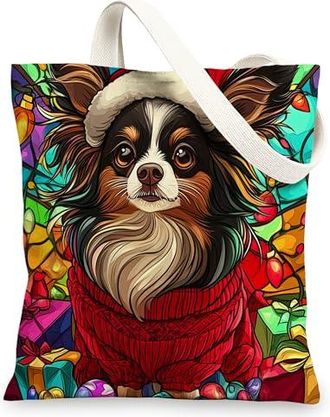 Generic Sac fourre-tout en toile avec motif papillon de No&euml;l pour le shopping, 33 x 38,1 cm, motif de chiot en vitrail, sac d&eacute;picerie r&eacute;utilisable, sac d&eacute;pice