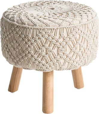 Beliani Hocker aus Baumwolle Holz beige 40 x 40 cm mit Makramee im Boho Stil Manzai