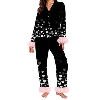 Generic Ensemble de pyjama en satin pour femme - V&ecirc;tement de nuit imprim&eacute; coeur - Haut et pantalon boutonn&eacute;s - Tenue 2 pi&egrave;ces - Pyjama en soie doux et confort
