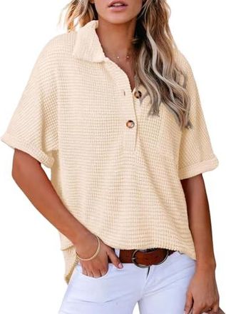 Generic Tunique Henley à manches courtes en tricot gaufré pour femme, avec poche et col en V, abricot, XXL