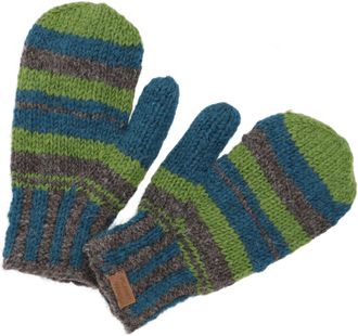 Guru Shop Handgestrickte Fausthandschuhe, Gestreifte Wollhandschuhe, Handschuhe, Fauster aus Nepal - Petrol/gr&uuml;n, Herren/Damen, Wolle