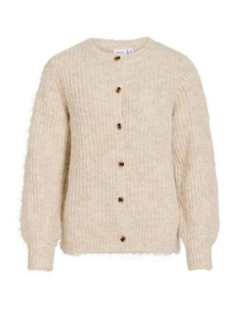 Vila Cardigan Ballon&auml;rmel Knopfleiste Rundhalsdesign f&uuml;r Damen (1-tlg) Recyceltes Material, Nachhaltig, Flauschige Strickstruktur