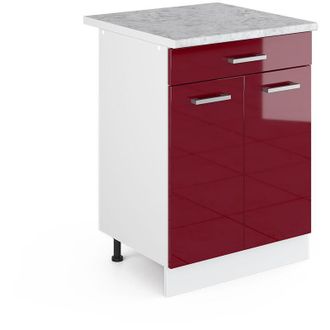 Vicco Meuble cuisine R-Line, Rouge bordeaux Haute brillance, 60 cm avec tiroir, pt Marbre Vicco
