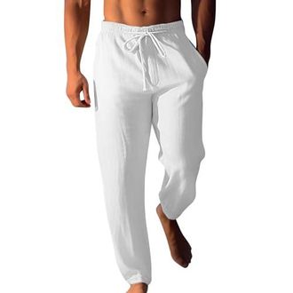 Generic Pantalon de plage d&eacute;contract&eacute; pour homme - Pantalon ample en lin de couleur unie - Coupe ample - Taille &eacute;lastique pour les loisirs et les voyages - Pa