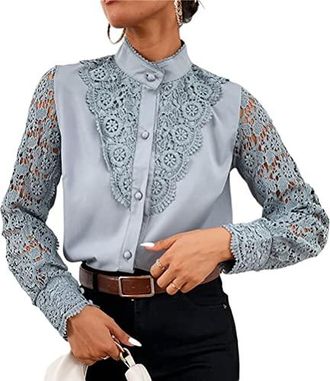 Minetom Chemisier Femmes Chic Blouse Manches Longues Dentelle Tunique Haut Tops El&eacute;gante Col V Ample Tee Shirt E Gris M