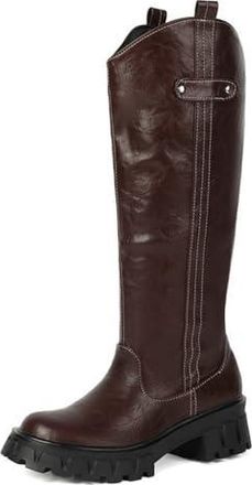 Generic Bottes déquitation à talon bloc pour femme - Doublées de fourrure - Confortables - Bout rond - Chaussures dhiver à enfiler, marron, 37.5 EU