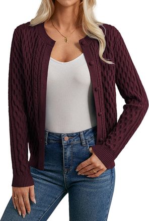Grace Karin Damen Kurze Strickjacke Langarm Rundhals Trachten Strickjacke mit Zopfmuster Cardigan Kurz Dunkelrot XL
