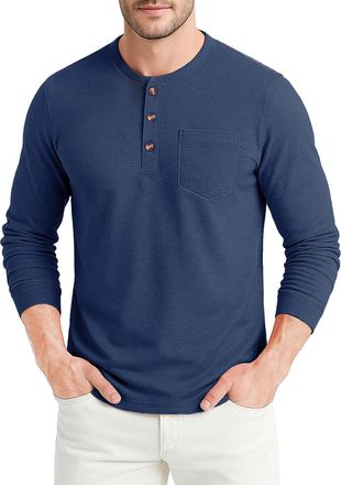 Magcomsen Langarmshirt Herren Baumwolle Henley Shirt Longsleeve D&uuml;nn Winter Basic Herrenhemd Oberteil Dunkelblau XL