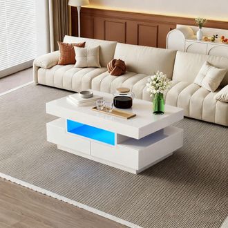 Generic Hochglanz-Couchtisch mit LED-Lichtleiste, durchdachtes Stauraumkonzept mit Vier Schubladen für maximale Aufbewahrung (White)