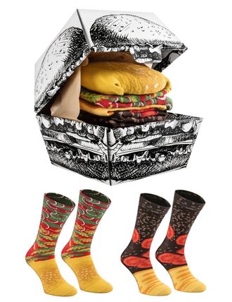 Rainbow Socks Hamburger Box Socks - Damen Herren Lustige Cheeseburger Socken in Box - Novelty Geschenk Socken f&uuml;r Burger- und Fast-Food-Liebhaber - 2 Paar - Gr&ouml;&szlig;en 