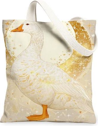 Generic Sacs fourre-tout en toile de canard artistique, sacs d&eacute;picerie r&eacute;utilisables, l&eacute;gers et lavables avec bandouli&egrave;re, blanc, 13x15 Inch