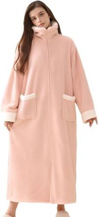Rismart Femme Peignoir Moelleux Col Carr&eacute; Pleine Longueur Robe de Chambre Mesdames Robe du Matin avec Fermeture Eclair, Rose, XL