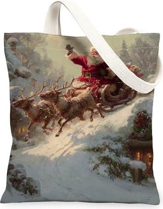 Generic Sacs fourre-tout en toile avec motif renne de No&euml;l, sacs de courses r&eacute;utilisables, toile l&eacute;g&egrave;re et lavable pour lhiver, blanc, 13x15 Inch