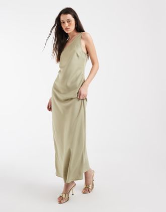 Object Robe longue asym&eacute;trique en satin - Vert sauge
