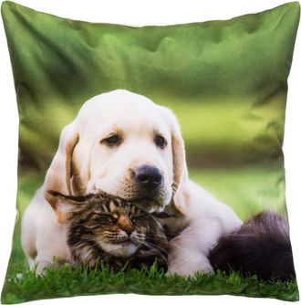 Brandsseller Dekokissen Zierkissen mit Tiermotiv - 40 x 40 cm - Golden Retriever Welpe und Katze