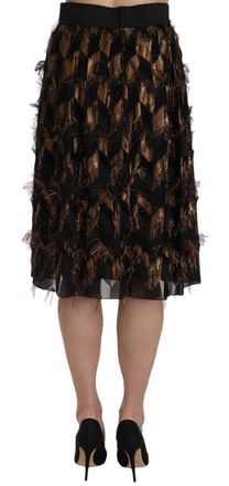 Dolce & Gabbana Womens Black Gold Fringe Metallic Pencil A-Line Skirt Silk Acetate Polyester