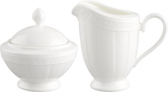 Villeroy & Boch White Pearl Milch- und Zucker-Set 2-teilig, Milchkännchen (160 ml) und Zuckerdose (270 ml), Klassisches Kaffee- und Teezubehör mit feinem Relief, Prem