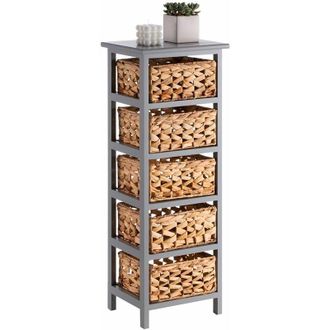 IDIMEX Chiffonnier ARBO en bois de paulownia gris, 5 paniers en jacinthe deau