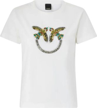 Pinko Pinko, Femme, Tops, Blanc, Taille: 42 FR T-shirt avec broderie de bijoux Love Birds