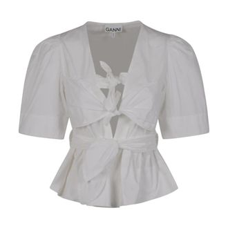 Ganni Washed Stretch Cotton Bluse mit Bindeb&auml;ndern - - Blouses & Shirts - Damen - Wei&szlig; - S