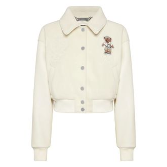Philipp Plein Femme, Vestes, Beige, Taille: 36 FR Wool and Leather College Bomber Teddy