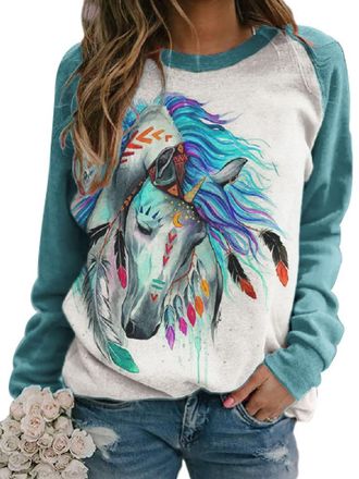 Onsoyours Pferd Druck Damen Pullover Warm Winter Druck Frauen Langarm Casual Pulli Sport Hoodie Damen Lose Hoodie Herbst Kapuzenpullover C Muster-1 XXL